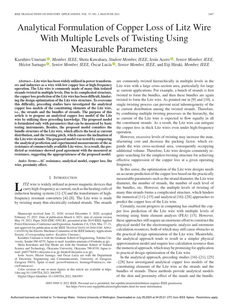 Analytical formulation of copper loss of litz wire with multiple levels of twisting using ...
