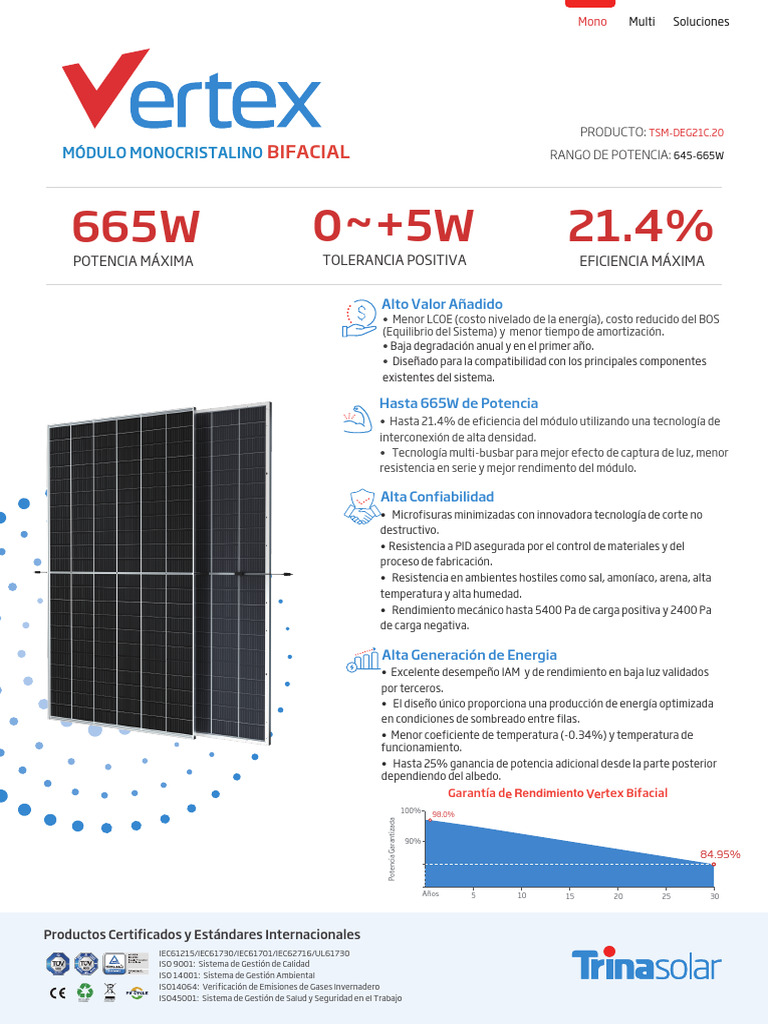 Ficha Tecnica Panel Solar 665W Monocristalino Trina Solar | PDF | Resistencia Eléctrica y ...
