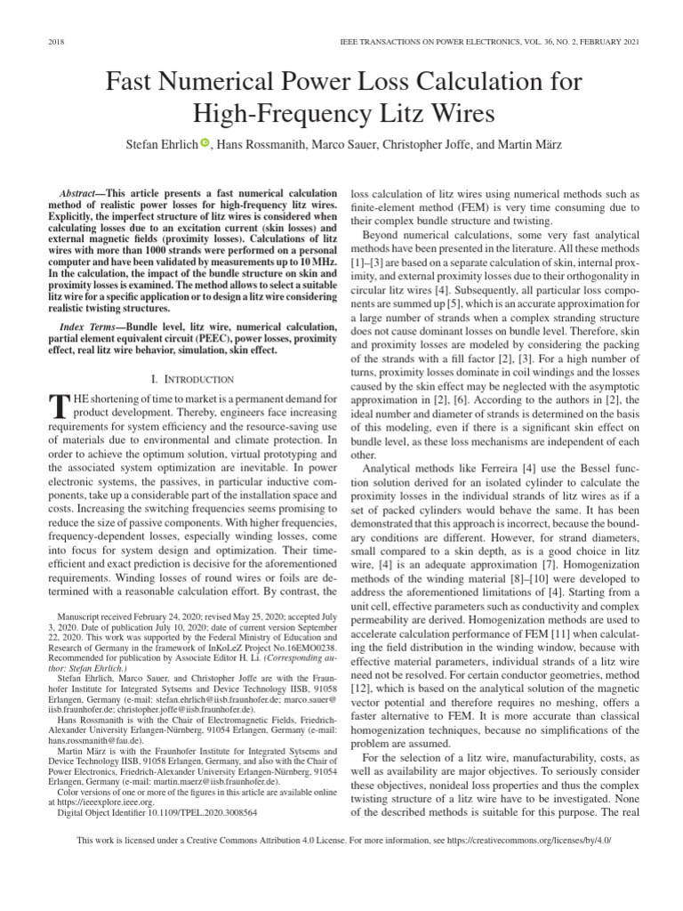 Fast Numerical Power Loss Calculation For High-Frequency Litz Wires ...