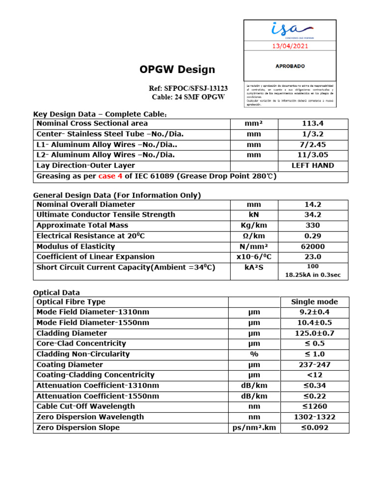 OPGW design data sheet(SFSJ-J-13123) upated-A | PDF | Electricity ...