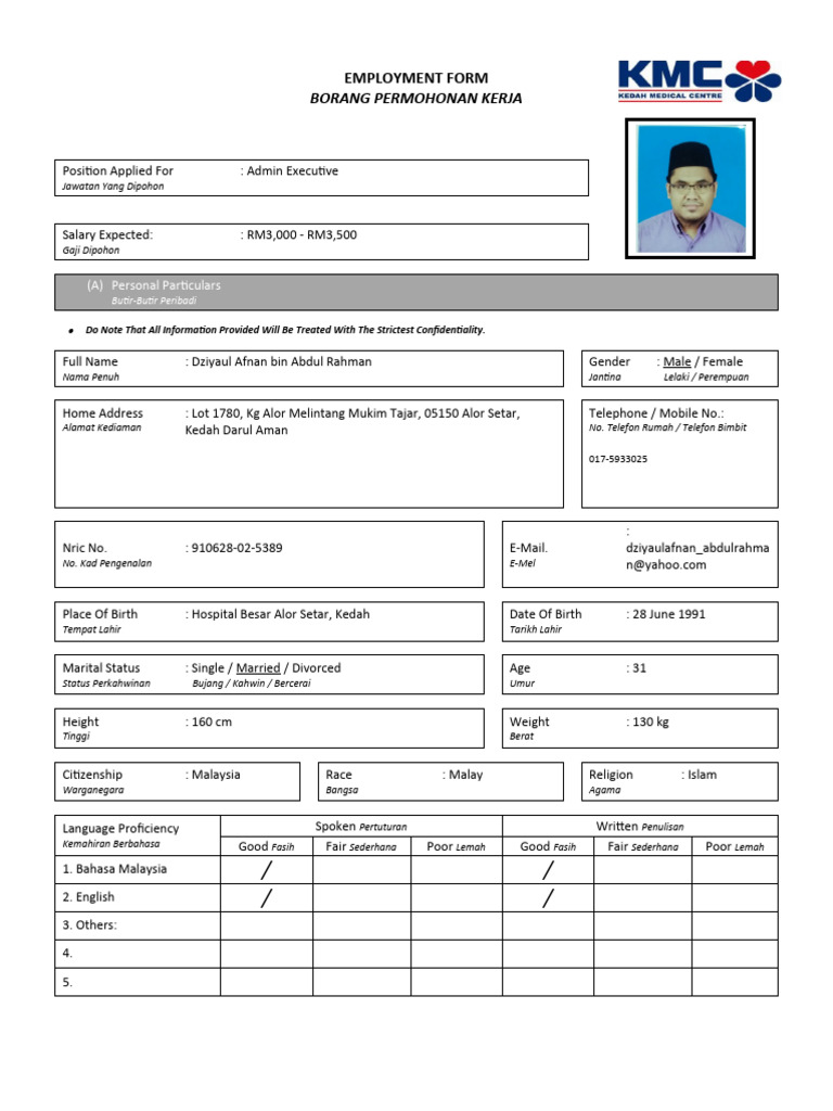 EMPLOYMENT FORM (Borang Permohonan Kerja) | PDF | Malaysia | Southeast Asia