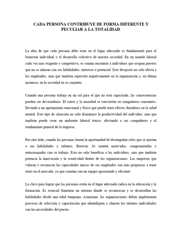 Cada Persona Contribuye de Forma Diferente Y Peculiar A La Totalidad ...