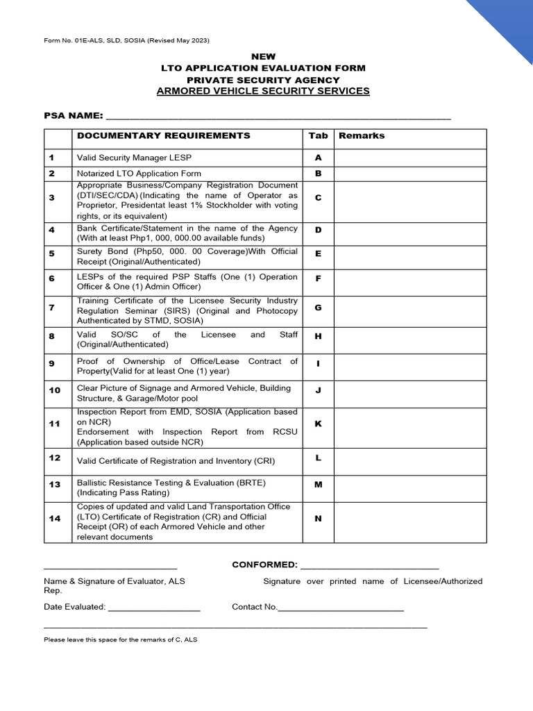 LTO Application Evaluation Form Private Security Agency Armored Vehicle ...