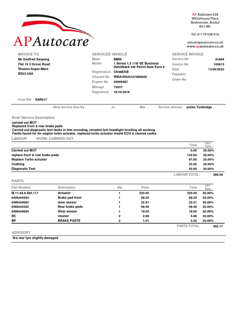 BMW Service Invoice and Details | PDF | Invoice | Value Added Tax