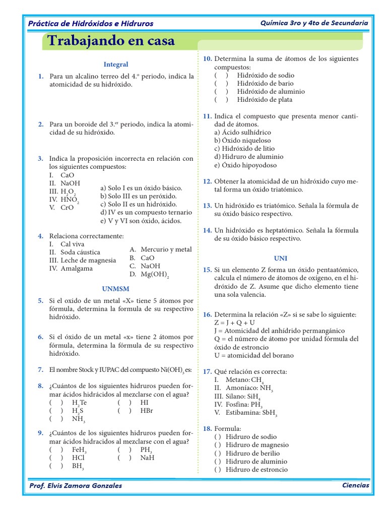 Ejercicios de Hidróxidos e Hidruros | PDF | Hidróxido | Hidróxido de sodio