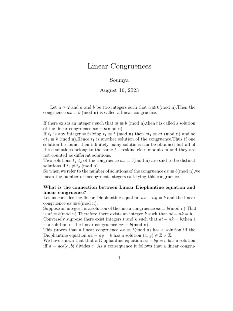 Linear Congruences | PDF | Equations | Ring Theory