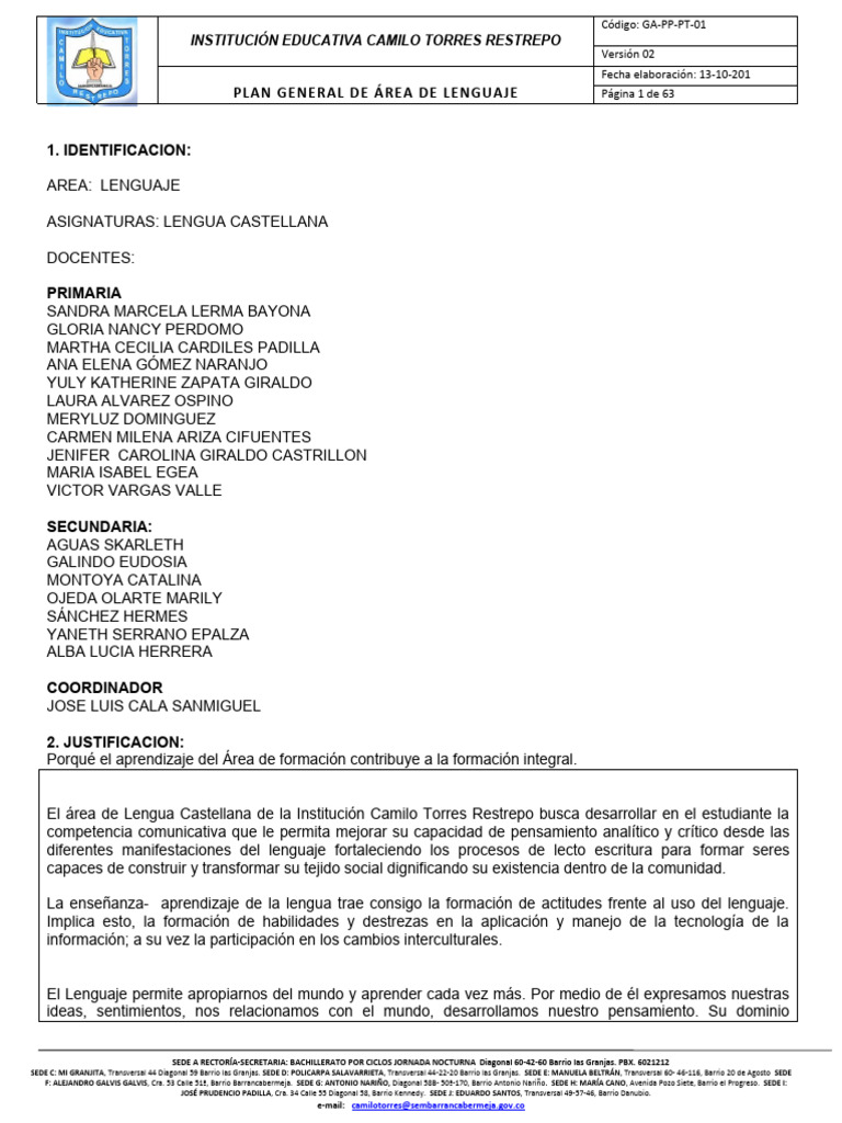 Plan De área Español 2021 Pdf Comunicación Gramática