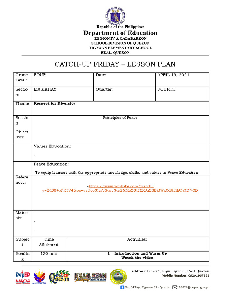 Catch Up Friday Lesson Plan | PDF | Cognitive Science | Education Theory