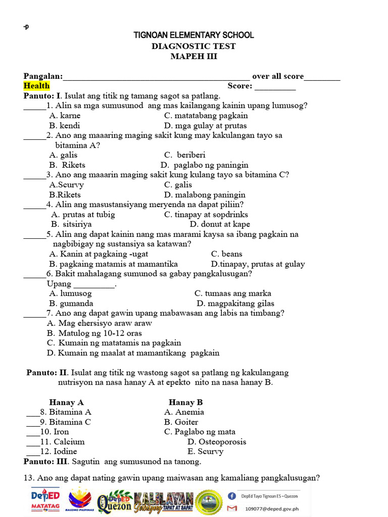 MAPEH Diagnostic | PDF