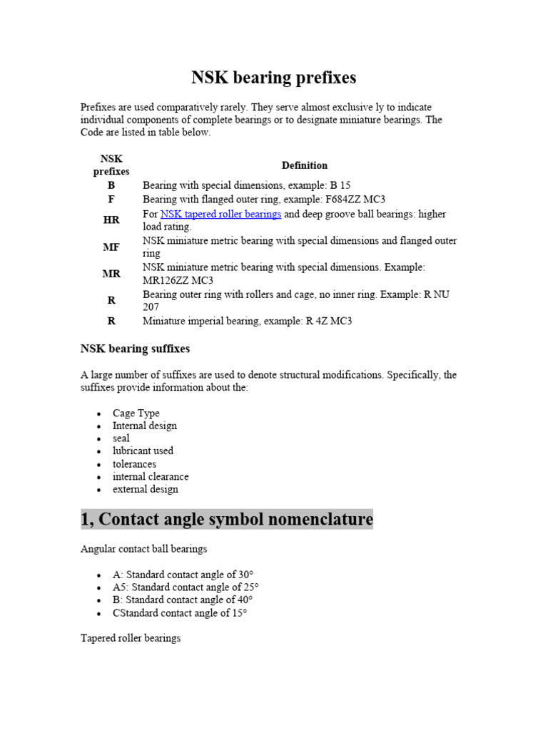 NSK prefixes | PDF | Bearing (Mechanical) | Mechanical Engineering