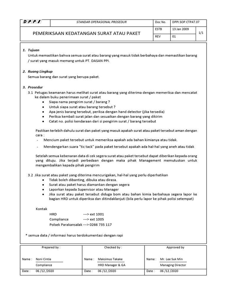 Sop Pemeriksaan Kedatangan Surat Atau Paket - Ctpat | PDF