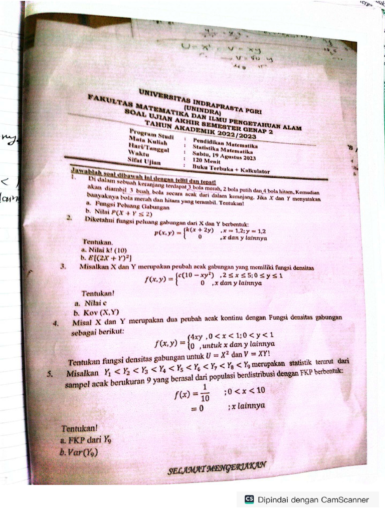 Soal Jawab UAS Mat Statistik TH 2023.suratno.202213570011 | PDF
