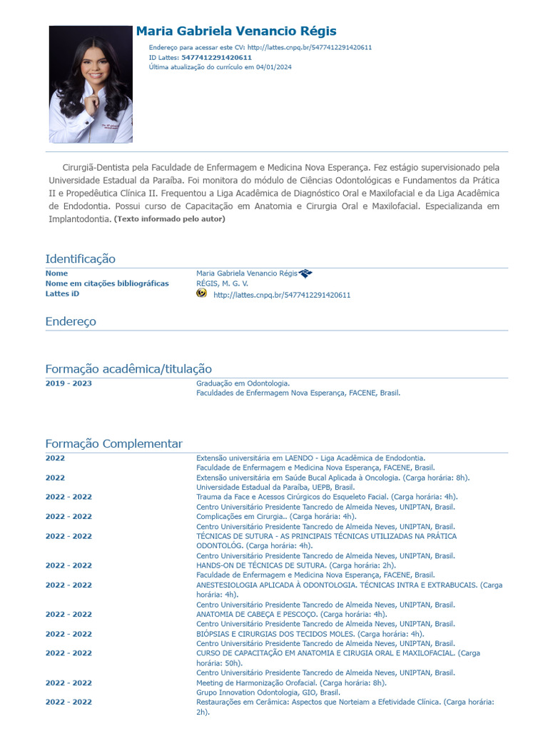 Currículo de Maria Gabriela Régis | PDF | Odontologia | Remédio