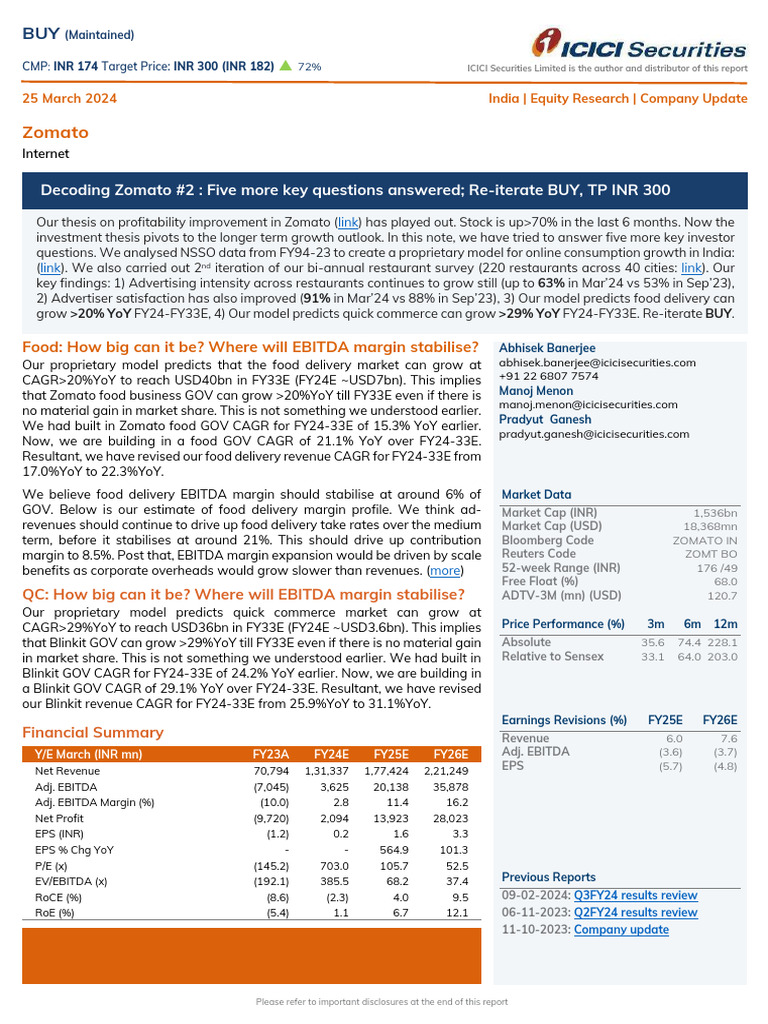 Zomato Growth Outlook: Target INR 300 | PDF | Stocks | Investing