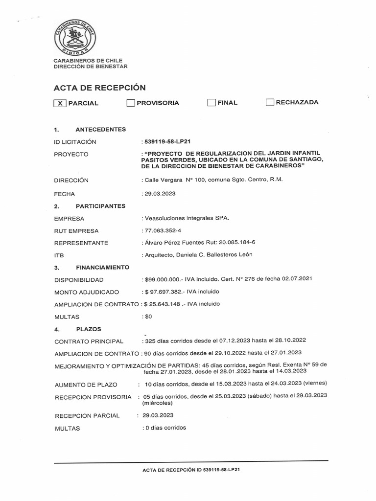 Acta Recepcion Parcial Proyecto de Regularización Del Jardín Infa | PDF