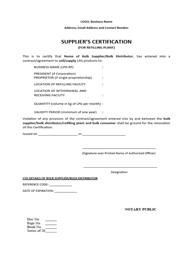 LPG Supplier Certification Notice | PDF | Technology & Engineering
