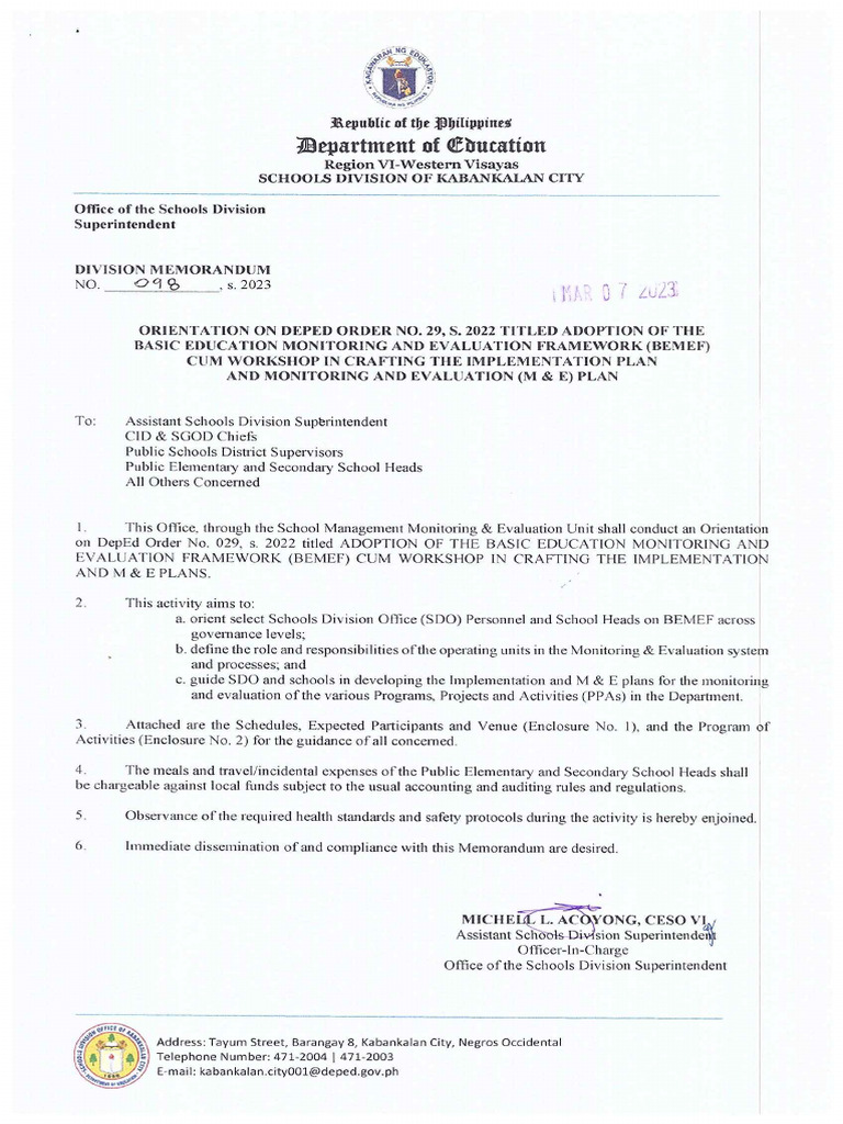 Division Memorandum No. 098 S. 2023 Orientation On Deped Order No. 29 S ...