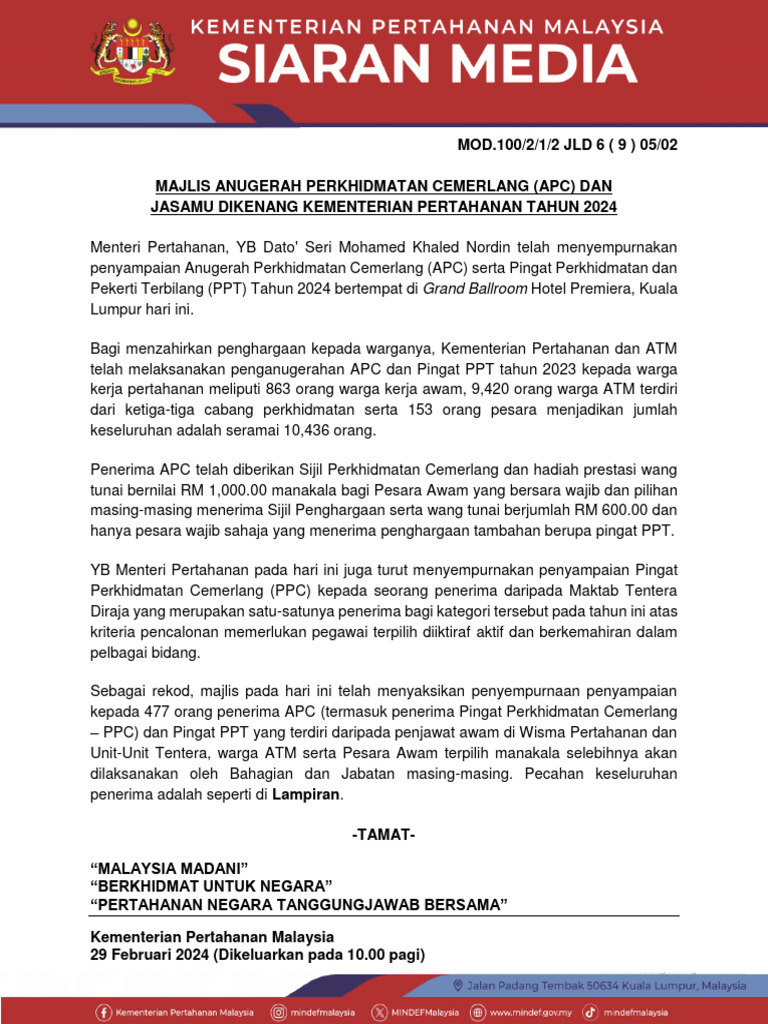 PR 04-03 - Majlis Anugerah Perkhidmatan Cemerlang Apc Dan Jasamu Dikenang Kementerian Pertahanan ...