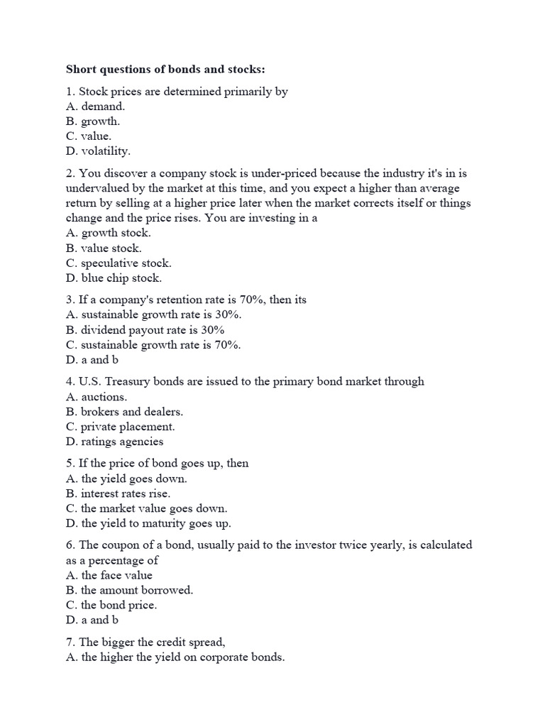 Short Question of Bond and Stock | PDF | Bonds (Finance) | Yield (Finance)