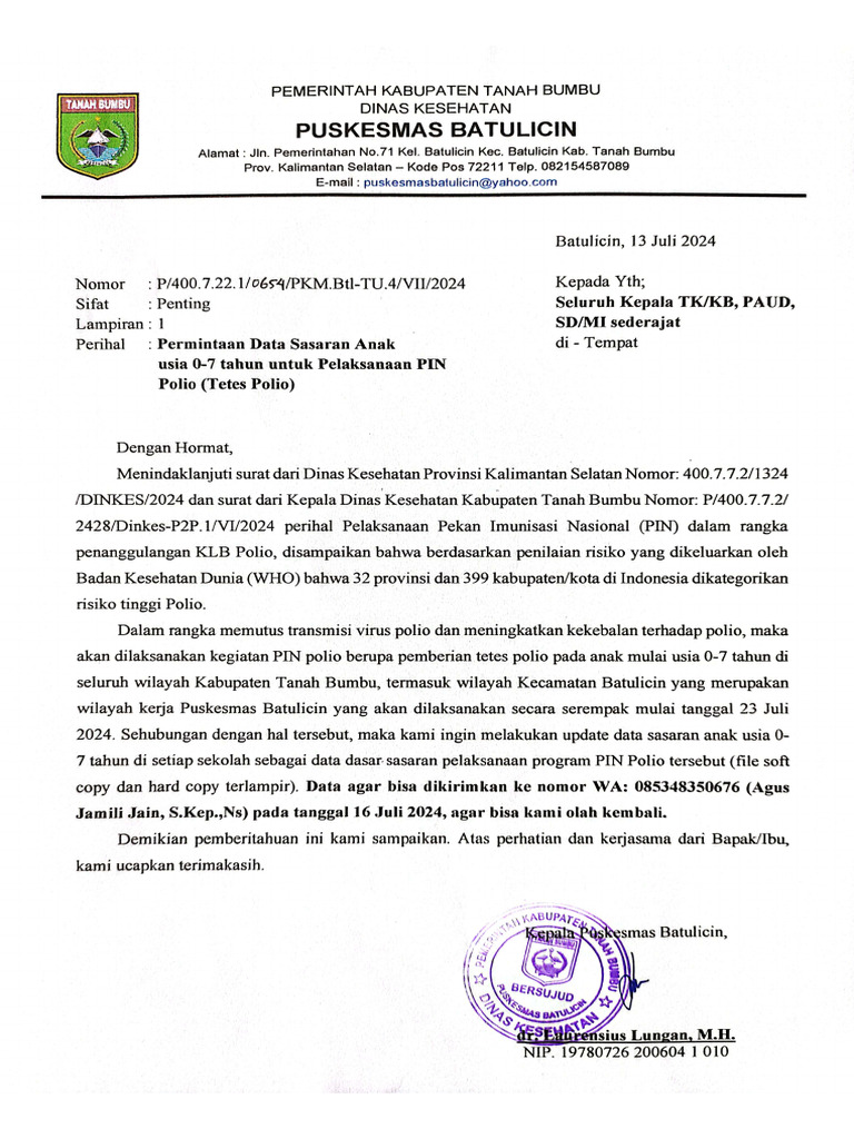 Surat Permintaan Data PIN Polio | PDF