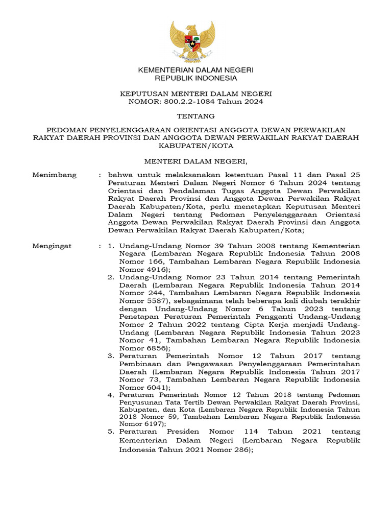 SK Pedoman Penyelenggaraan Orientasi DPRD Provinsi Dan DPRD Kabupaten Kota 2024 | PDF