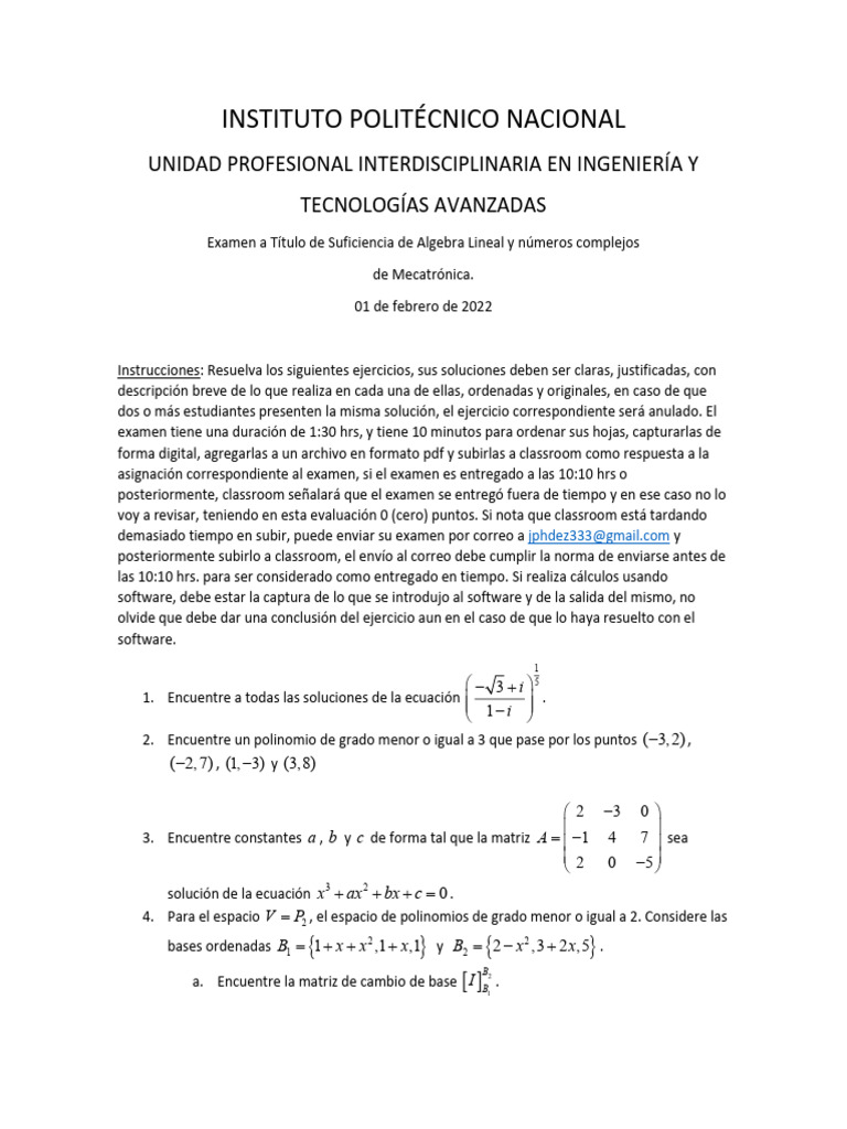 Examen de Álgebra Lineal en Mecatrónica | PDF | Valores propios y ...