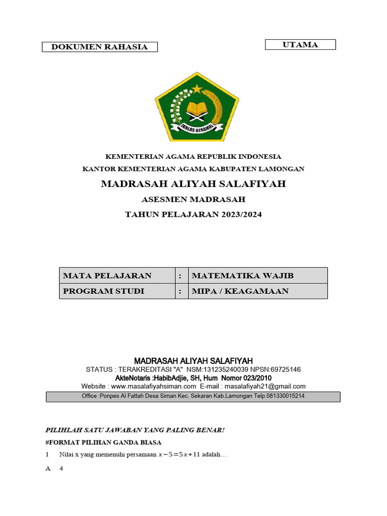 MTK WAJIB - SOAL AMBK 2024 Fix | PDF | Metode & Bahan Ajar