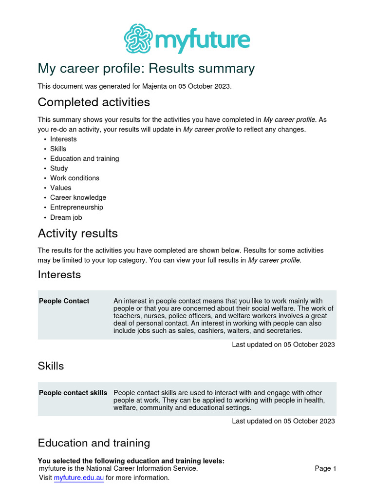 My Career Profile Results Summary | PDF | Entrepreneurship | Physical ...