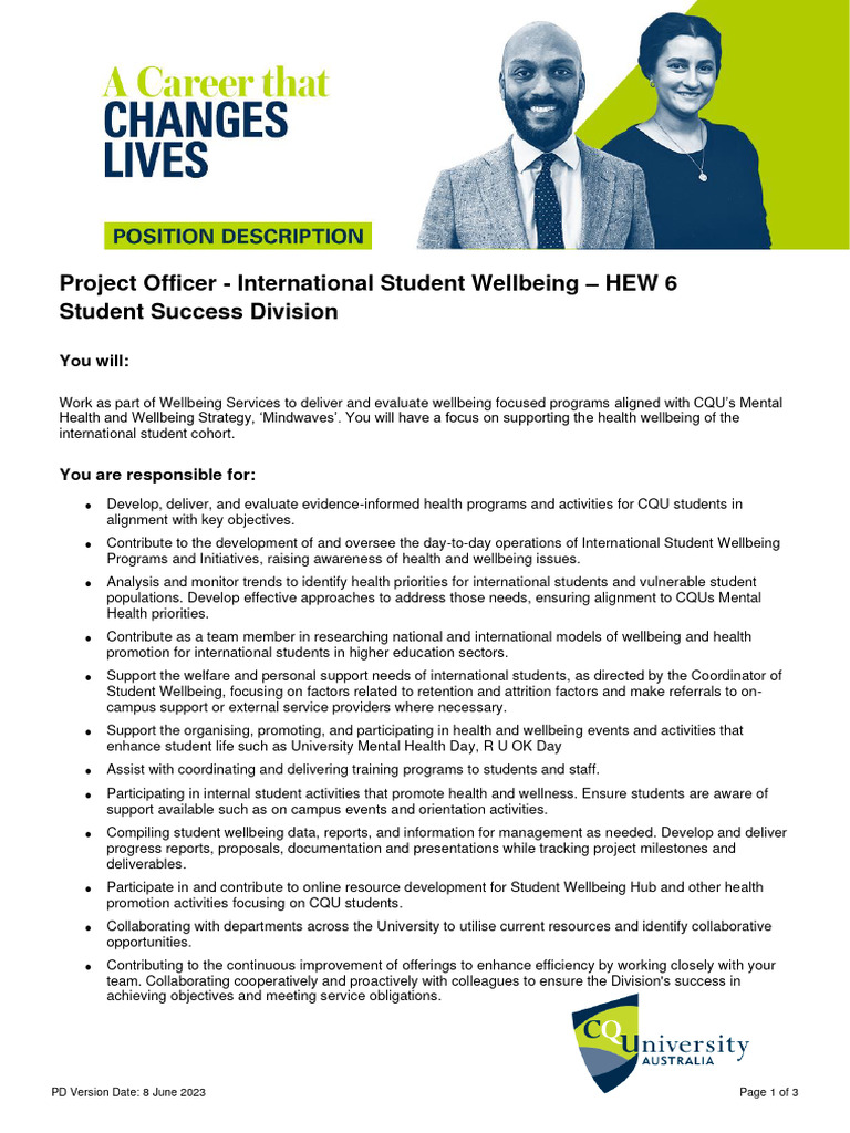 Project Officer - International Student Wellbeing - HEW 6 | PDF ...