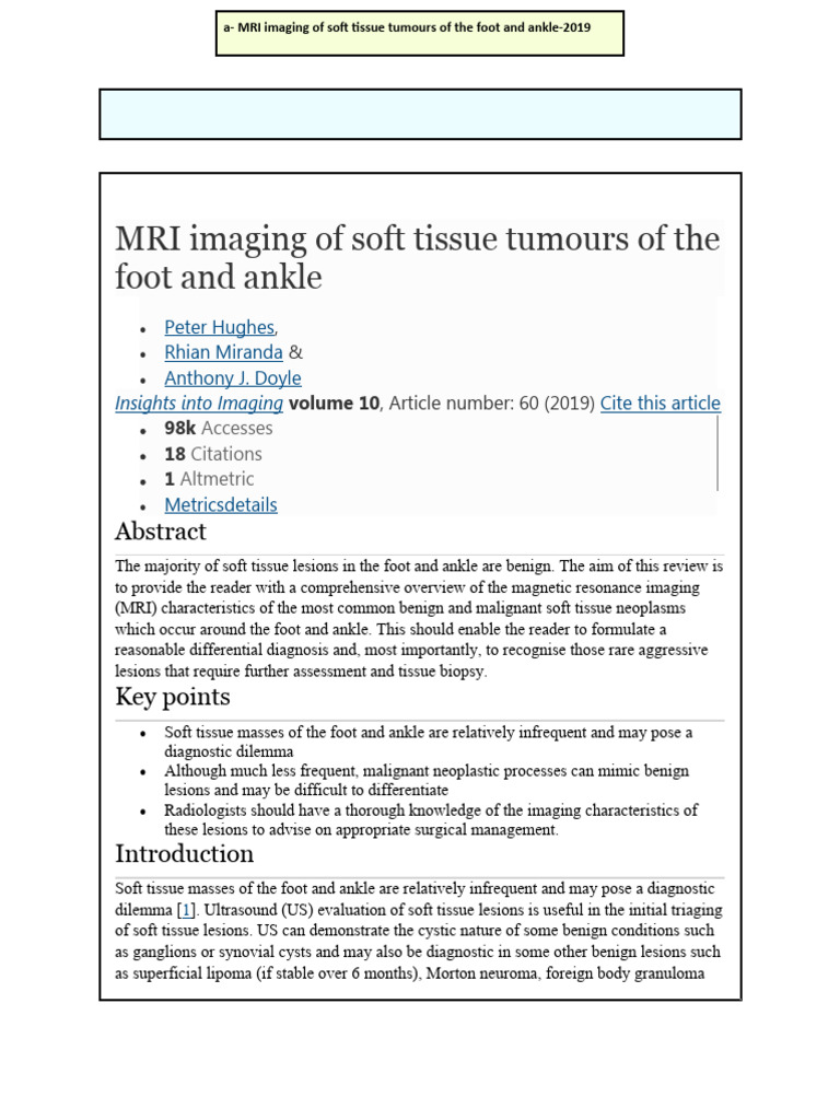 A - MRI Imaging of Soft Tissue Tumours of The Foot and Ankle-2019 | PDF ...
