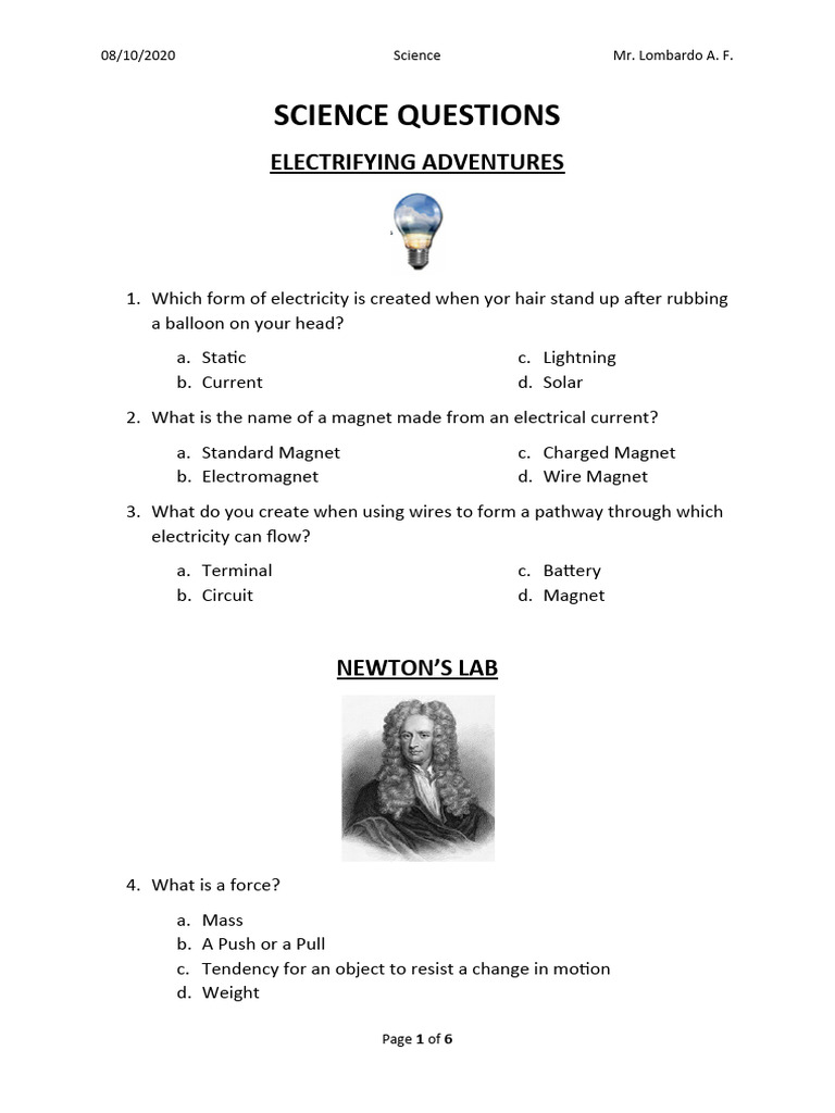 Science Questions | PDF | Force | Electricity