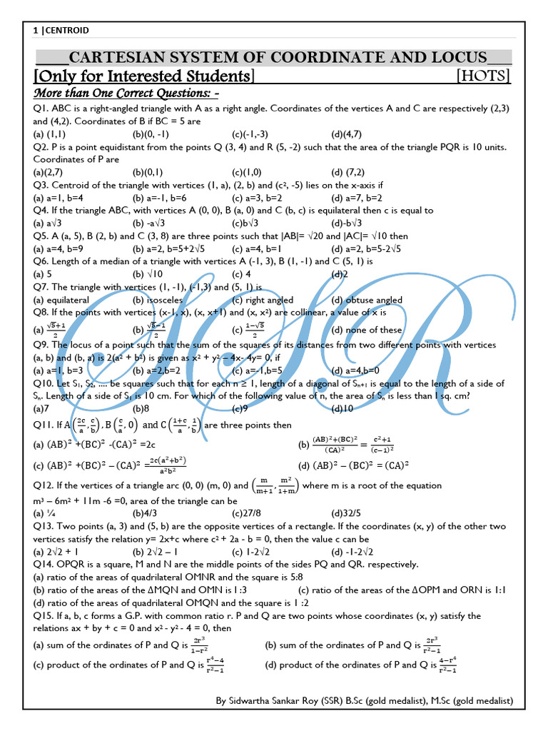 Cartesian System of Coordinate and Locus (HOTS) | PDF | Triangle ...