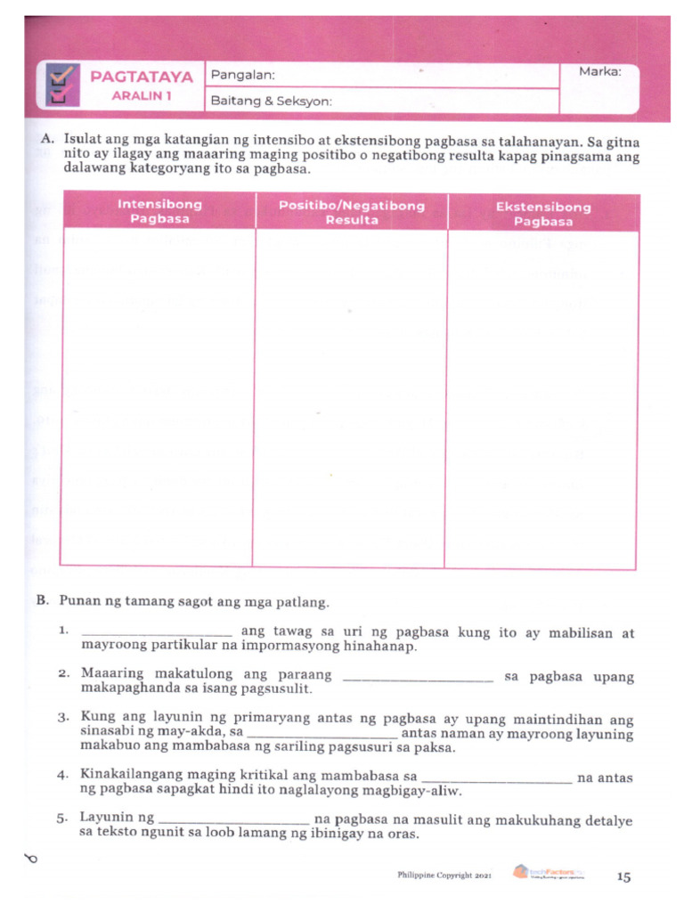Pagbasa activity 1 | PDF