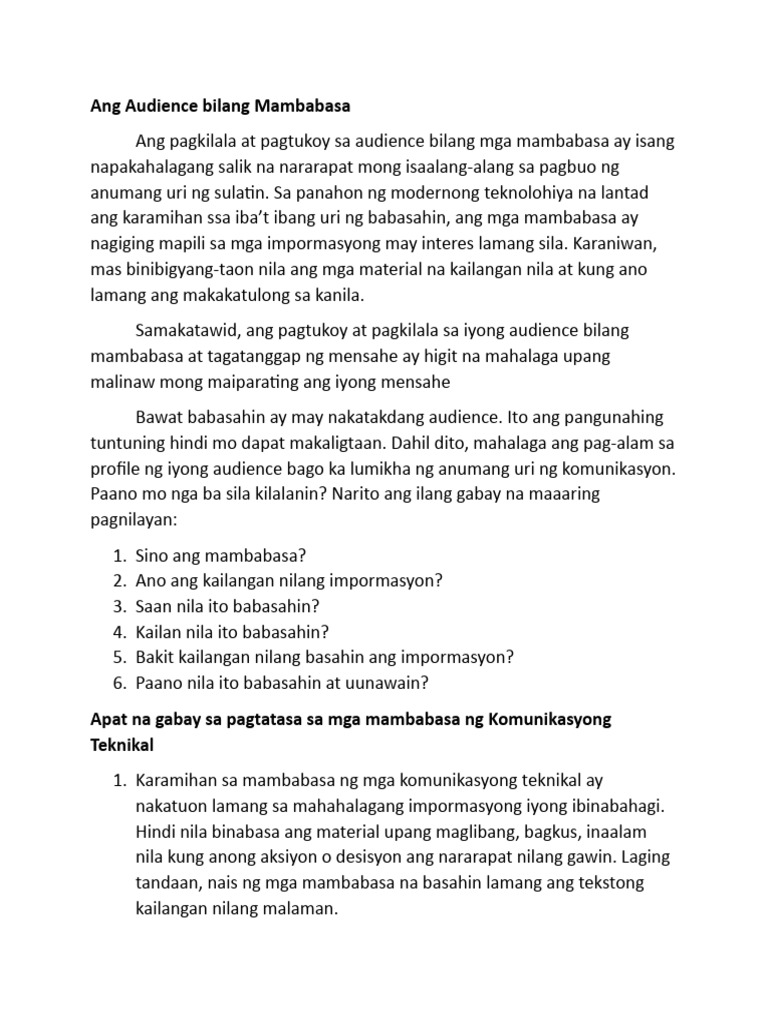 Audience Teknikal Bokasyunal Na Mambabasa | PDF