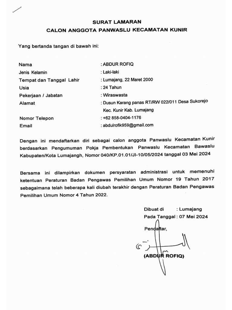 Panwas Surat Lamaran Kerja | PDF