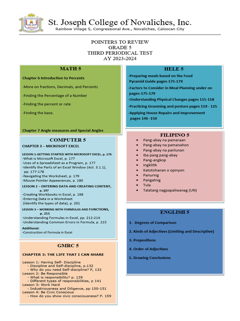 POINTERS-GRADE-5-THIRD-PT-ALL-SUBJECTS-2023-2024-Copy | PDF | Microsoft Excel | Worksheet