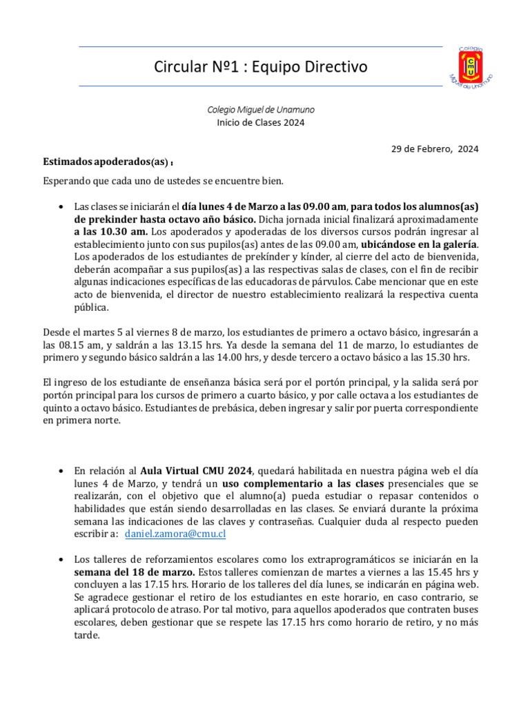 Circular 1 Del 2024 | PDF | Educación de la primera infancia