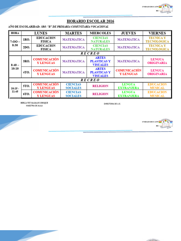 Horario Escolar 1ro | PDF