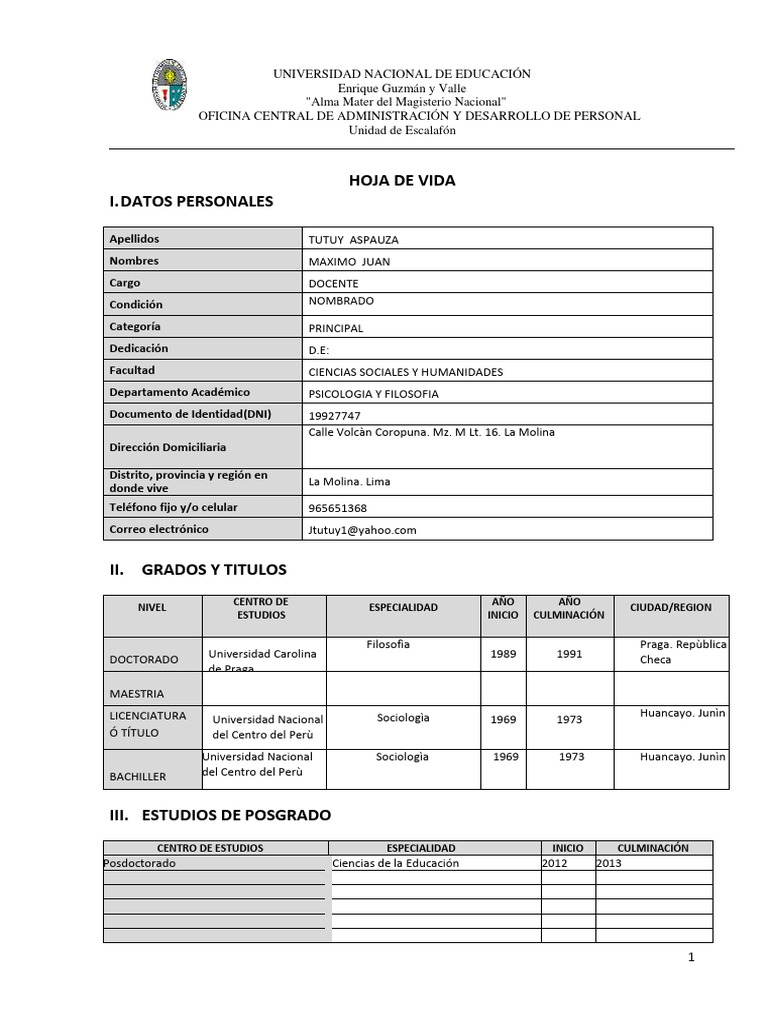 Hoja de Vida de Máximo Tutuy Aspauza | PDF | Educación en artes ...
