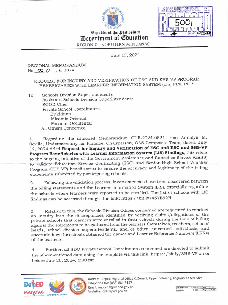 RM - 510 - Request For Inquiry and Verification of ESC and SHS - VP ...