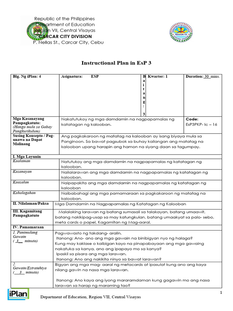 ESP3_Q1_IPLAN 4_katatagan ng kalooban | PDF