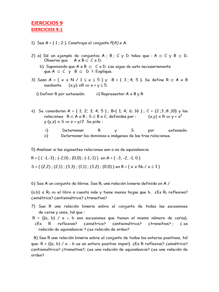 Lista Ejercicios 9 | PDF | Álgebra abstracta | Relaciones matematicas