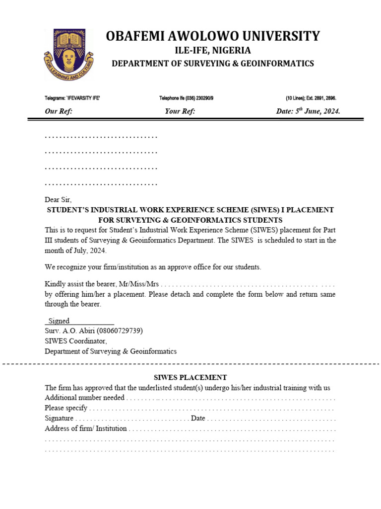 SIWES I Letter 2022 - 2023 | PDF