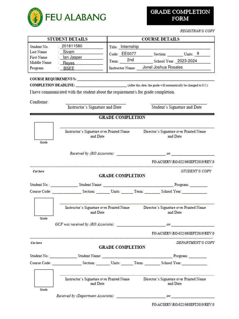 Feu Alabang Grade Completion Form Fo-Acsr-Ro-022 | PDF | Signature ...
