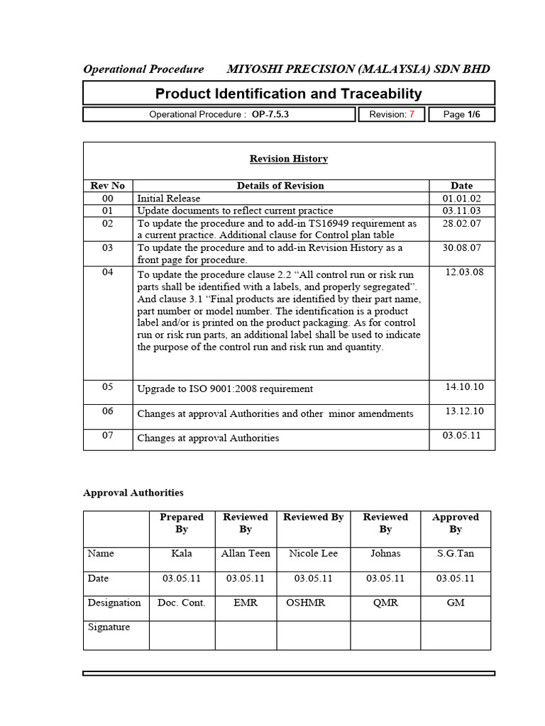 OP-7.5.3 Product Identification and Traceability | PDF | Quality ...