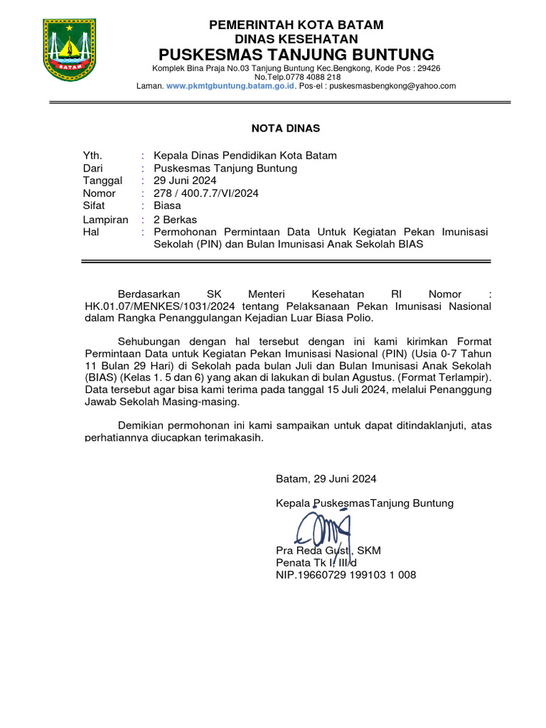 Nota Dinas Permohonan Permintaan Data Pin . | PDF