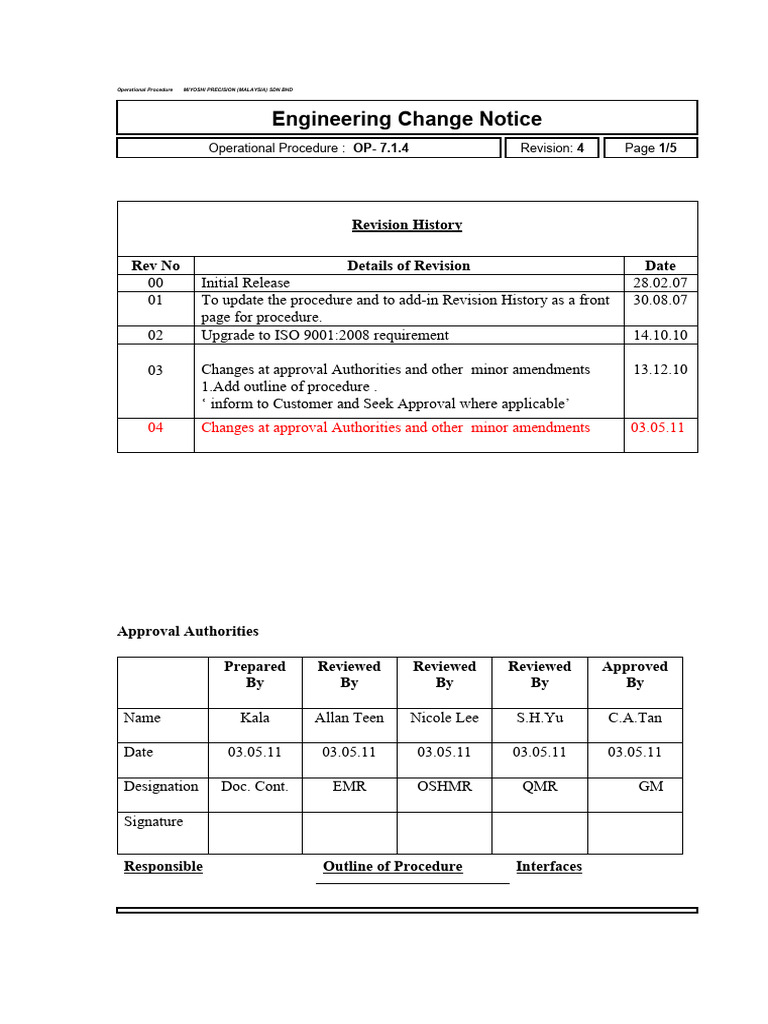 OP-7.1.4 Engineering Change Notice | PDF | Specification (Technical ...