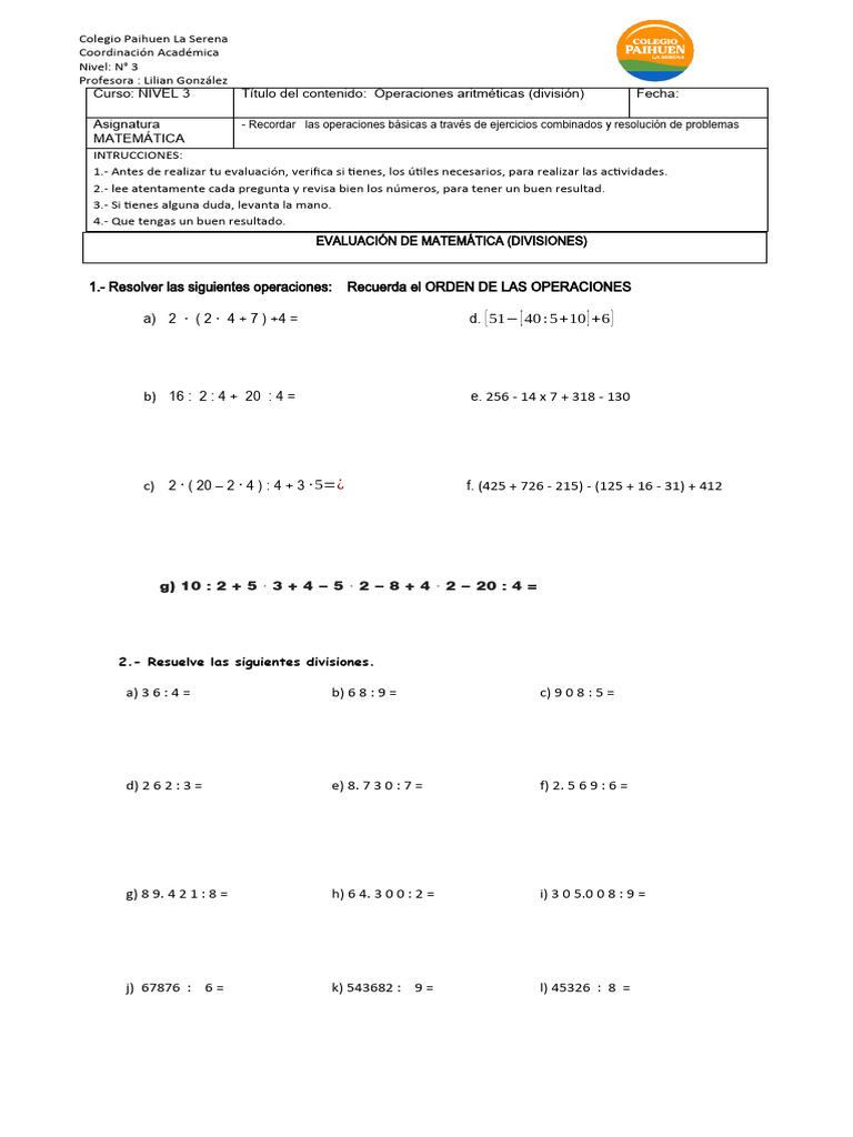 Evaluación de Matemáticas: Divisiones Nivel 3 | PDF