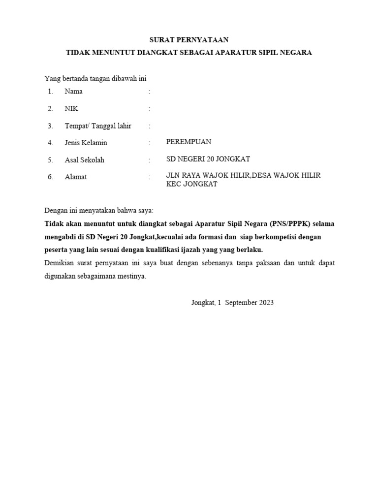 Contoh Surat Pernyataan Tidak Menuntut Menjadi Asn | PDF