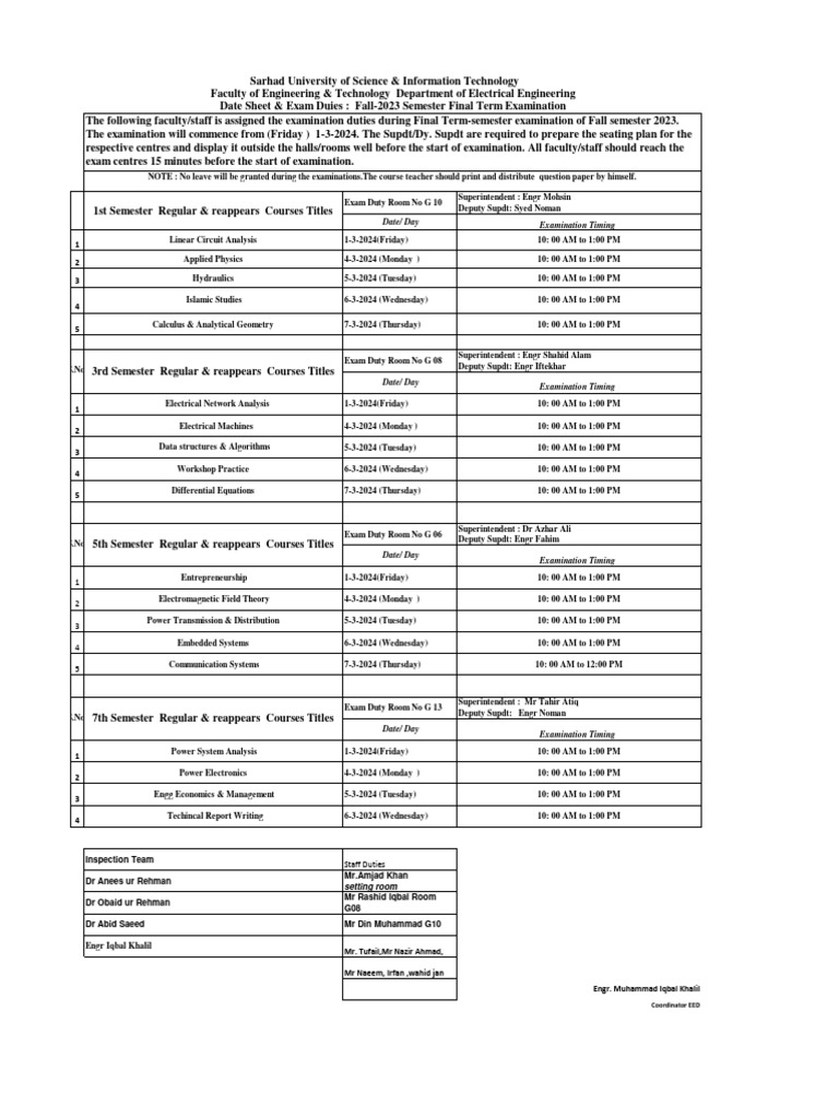 Final Term Datesheet Fall 2023 With Exam Duties | PDF | Academic Term